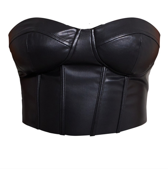 PrettyLittleThing | Tops | Black Faux Leather Bandeau Corset | Poshmark